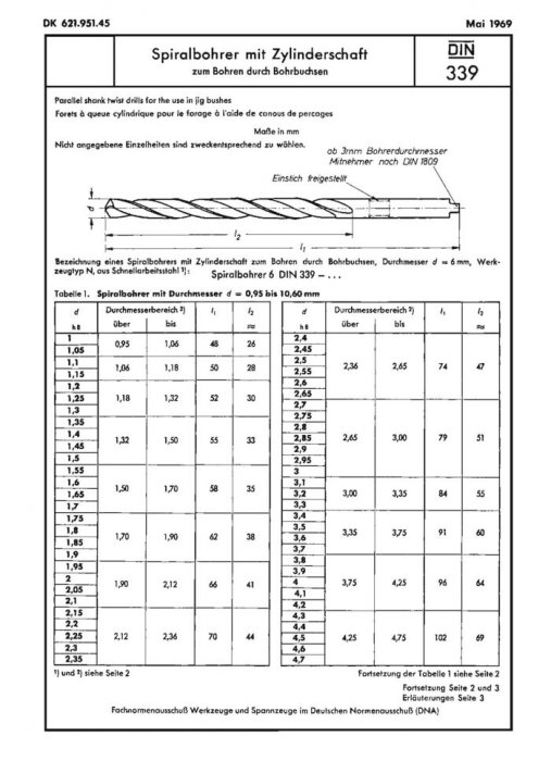 DIN 339:1969 用于夹具衬套的平行柄麻花钻 标准