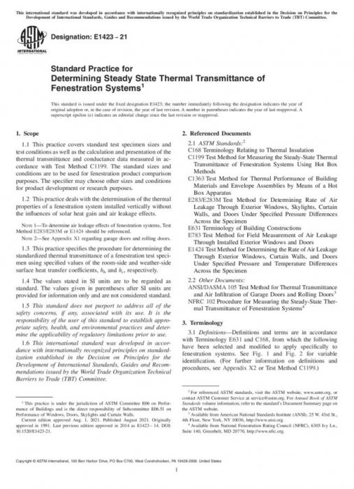 ASTM E1423-21 确定开窗系统稳态热透射率的标准实践 标准