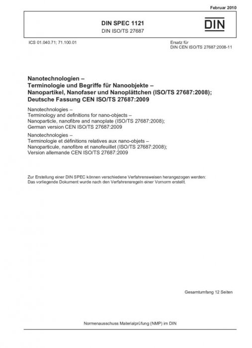 DIN SPEC 1121 DIN ISO TS 27687:2010-02 纳米技术 术语和定义 纳米颗粒、纳米纤维和纳米片 标准