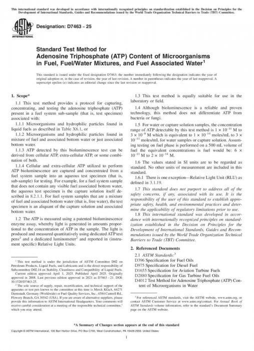ASTM D7463-25 燃料、燃料/水混合物和燃料相关水中微生物三磷酸腺苷（ATP）含量的标准试验方法 标准