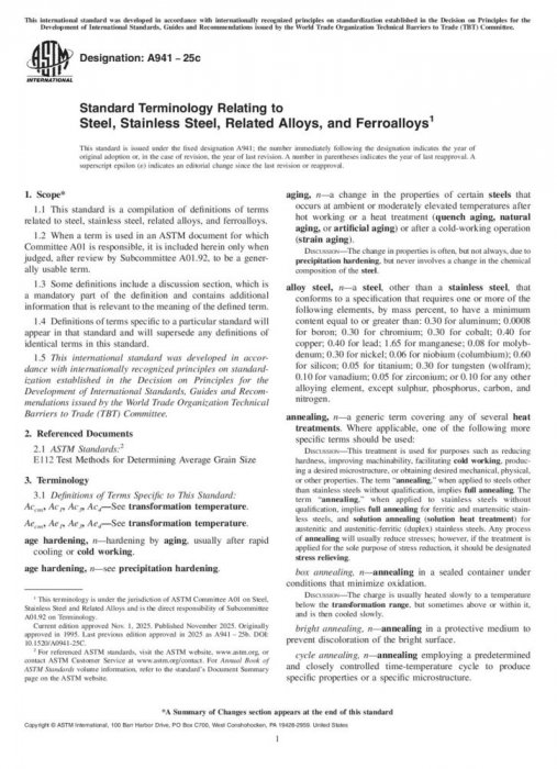 ASTM A941-25c 钢、不锈钢、相关合金和铁合金的相关标准术语 标准