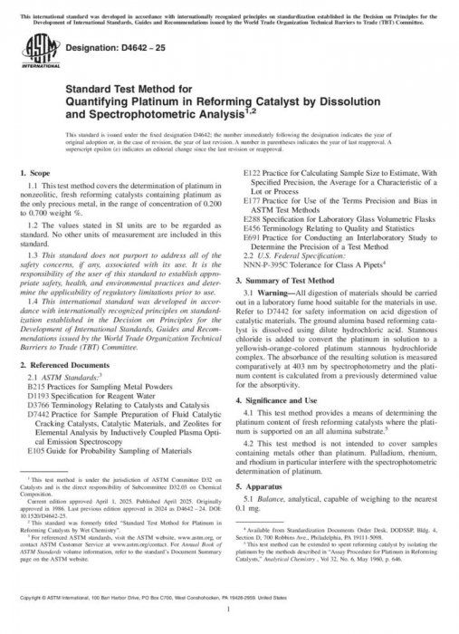 ASTM D4642-25 用溶解和分光光度分析法定量重整催化剂中铂的标准试验方法 标准