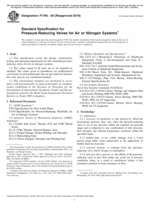 ASTM F1795-00(2019) 空气或氮气系统减压阀的标准规范 标准