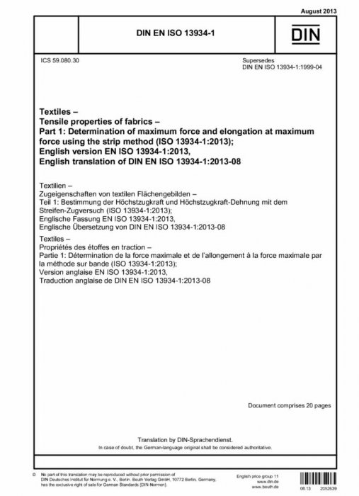 DIN EN ISO 13934-1:2013-08 纺织品-织物的拉伸性能-第1部分：使用条带法测定最大力和最大力伸长率 标准