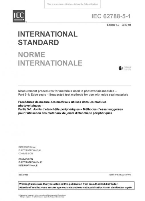 IEC 62788-5-1:2020 光伏组件用材料的测量程序.第5-1部分:边缘密封.与边缘密封材料一起使用的建议试验方法 标准
