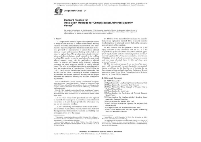 ASTM C1780-24 水泥基粘结砌体单板安装方法的标准实施规程 标准
