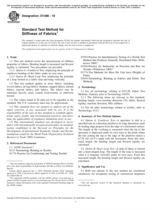 ASTM D1388-18 织物刚度的标准试验方法 标准