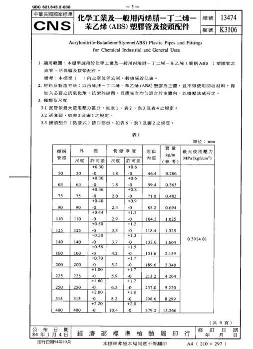 CNS 13474-1995 化学工业及一般用丙烯睛－丁二烯–苯乙烯（ABS）塑料管及接头配件 标准