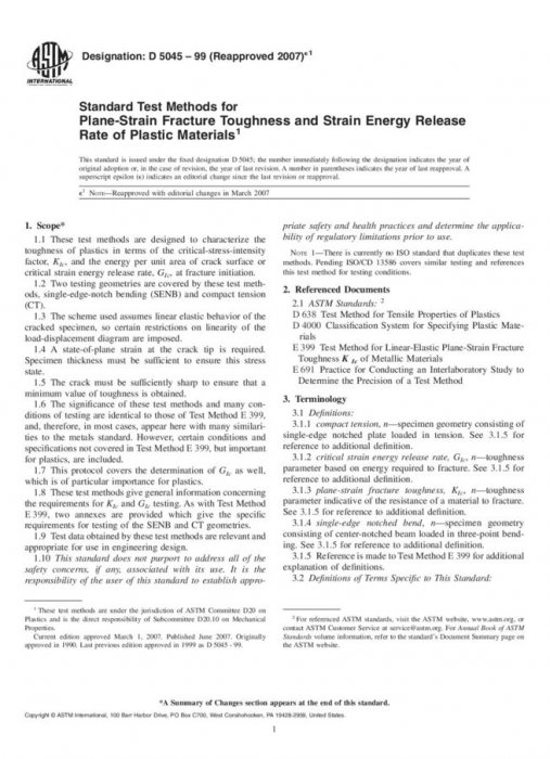 ASTM D5045-99(2007)e1 塑料材料平面应变断裂韧性和应变能量释放率的标准试验方法 标准