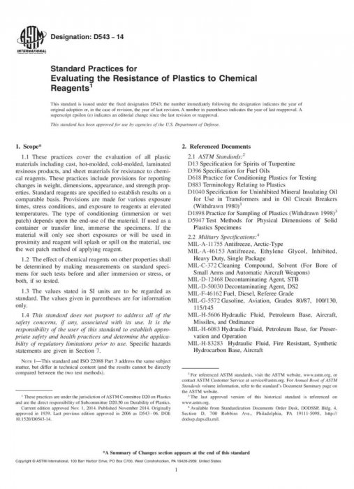 ASTM D543-14 评定塑料耐化学试剂的标准实施规程 标准