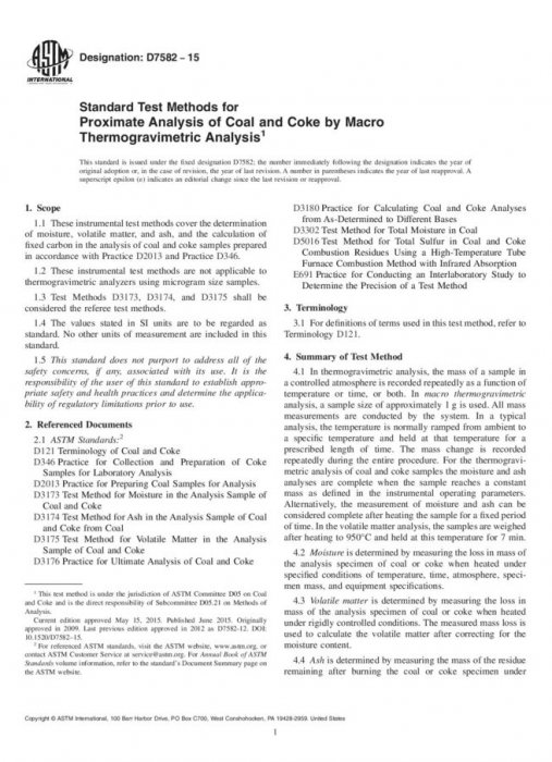 ASTM D7582-15 用宏观热重分析法对煤和焦炭作近似分析的标准试验方法 标准