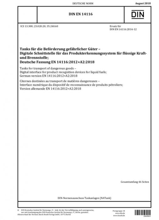 DIN EN 14116:2018 危险品运输用槽罐. 液体燃料产品识别装置用数字接口; 德文版本 EN 14116-2012+A2-2018 标准