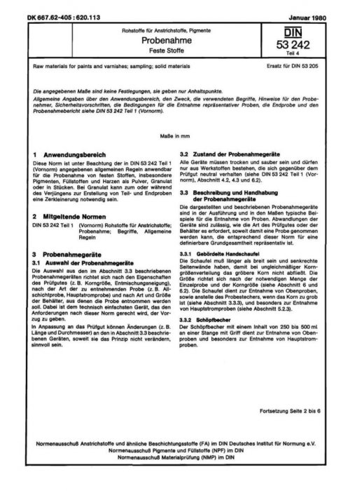 DIN 53242-4:1980 原料用于涂料 取样 固体物质 标准