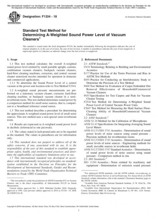 ASTM F1334-18 确定吸尘器的A加权声功率级的标准测试方法 标准