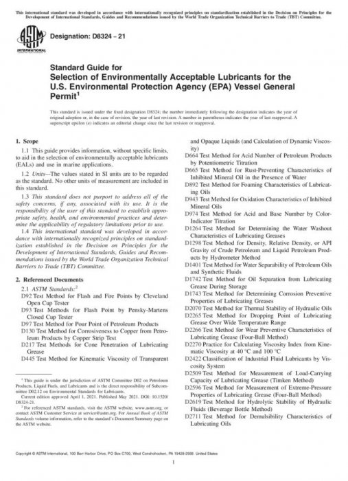 ASTM D8324-21 美国环境保护署（EPA）船舶通用许可证环境可接受润滑剂选择的标准指南 标准