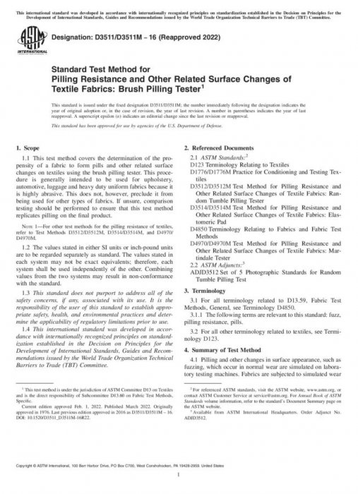 ASTM D3511/D3511M-16(2022) 纺织品抗起球性和其他相关表面变化的标准试验方法:刷起球试验机 标准