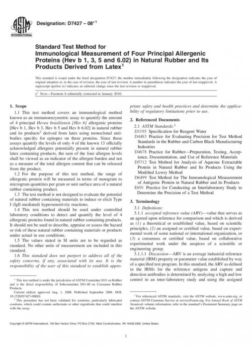 ASTM D7427-08e1 天然橡胶及其胶乳衍生物中4种主要过敏蛋白质(Hev b 1, 3, 5和 6.02)免疫学测量的试验方法 标准