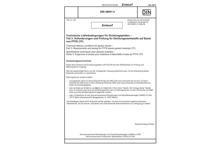 DIN 28091-3 E:2013-05 密封板的交货技术条件 第3部分：聚四氟乙烯基密封材料的要求和试验 标准