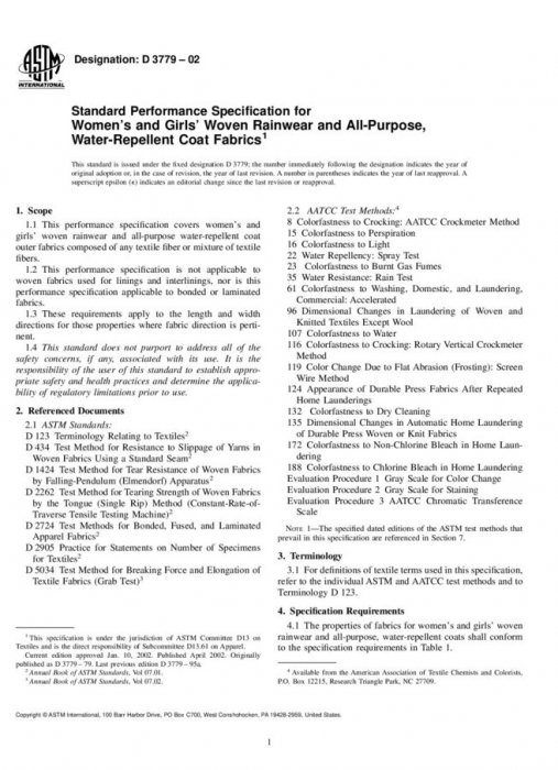 ASTM D3779-02 女式和女童机织雨衣和通用防水外套织物的标准性能规范 标准