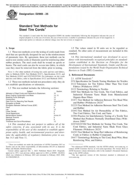 ASTM D2969-25 钢丝轮胎帘线的标准试验方法 标准