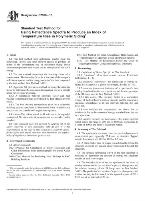 ASTM D7990-15 利用反射光谱获得聚合物墙板温升指数的标准试验方法 标准