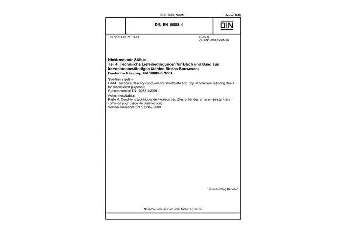 DIN EN 10088-4:2010-01 不锈钢 第4部分：建筑用耐腐蚀钢薄板/板材和带材的技术交货条件 标准