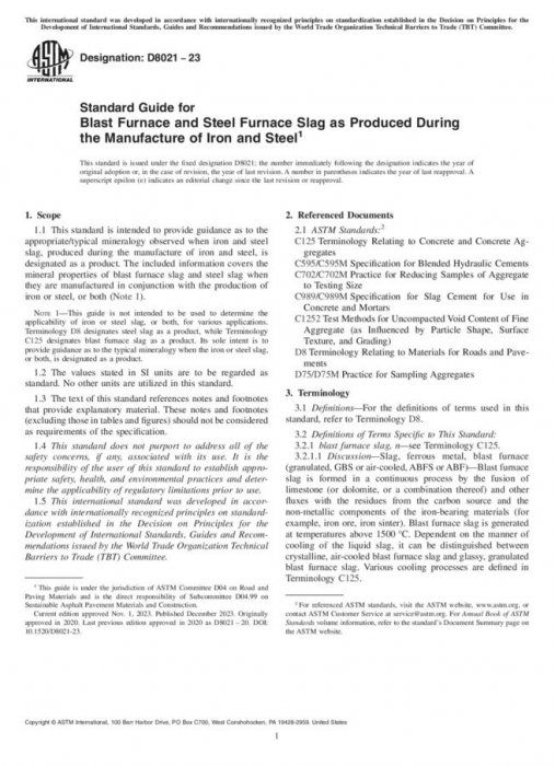 ASTM D8021-23 钢铁生产过程中产生的高炉和钢渣的标准指南 标准