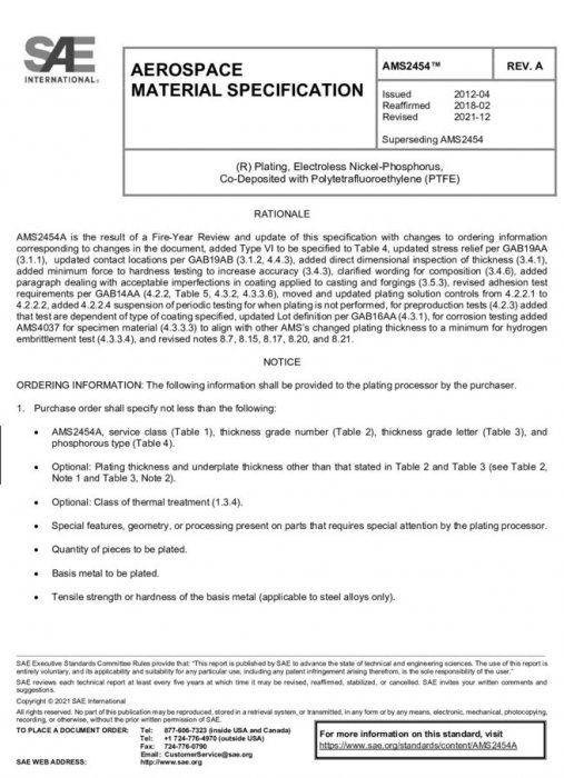 SAE AMS2454A-2021 电镀 化学镀镍 与聚四氟乙烯（PTFE）共沉积 标准