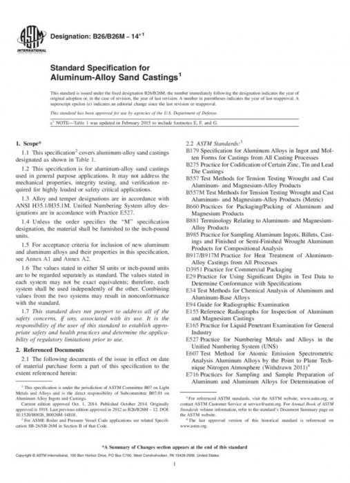 ASTM B26/B26M-14e1 铝合金砂模铸件的标准规格 标准