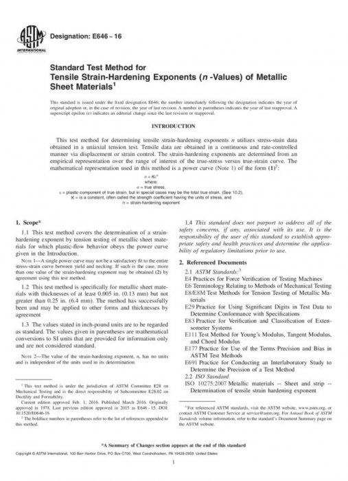 ASTM E646-16 金属薄板材拉伸应变硬化指数 (n值) 的标准试验方法 标准