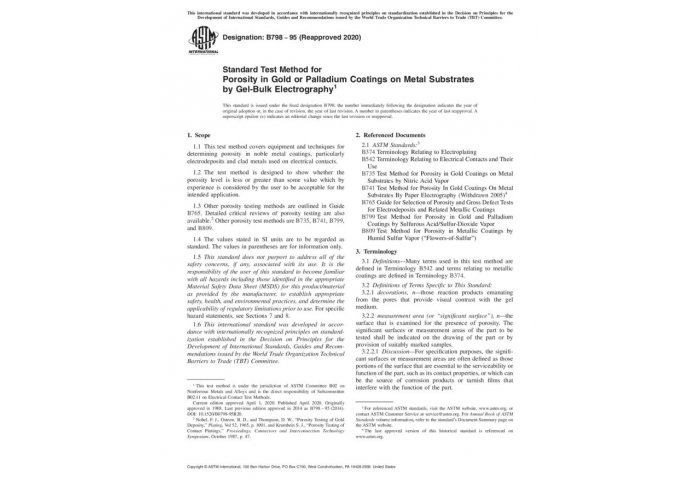 ASTM B798-95(2020) 通过凝胶体电极法在金属基底上的金或钯涂层中的孔隙率的标准测试方法 标准