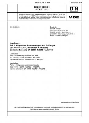 DIN EN 60598-1:2018 照明设备.第1部分:一般要求和试验(IEC 60598-1-2014,修正+A1-2017); 德文 ...