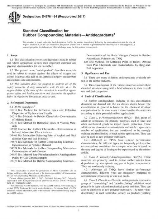ASTM D4676-94(2017) 橡胶复合材料的标准分类&x2014；抗降解剂 标准