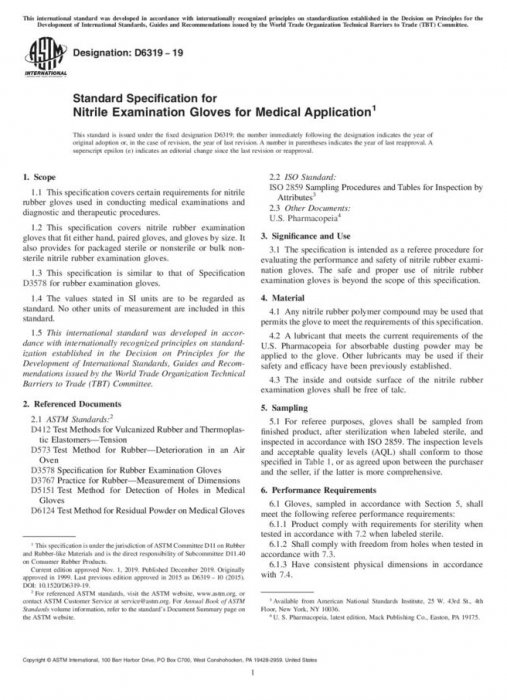ASTM D6319-19 医用丁腈检验手套的标准规范 标准
