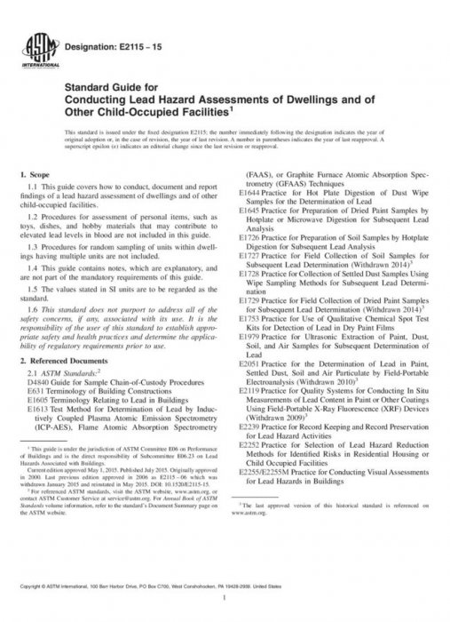 ASTM E2115-15 评定儿童住宅建筑及其他儿童设施铅危害性的标准指南 标准