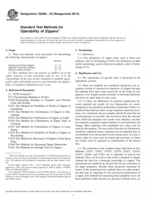 ASTM D2062-03(2014) 拉链可用性的标准试验方法 标准