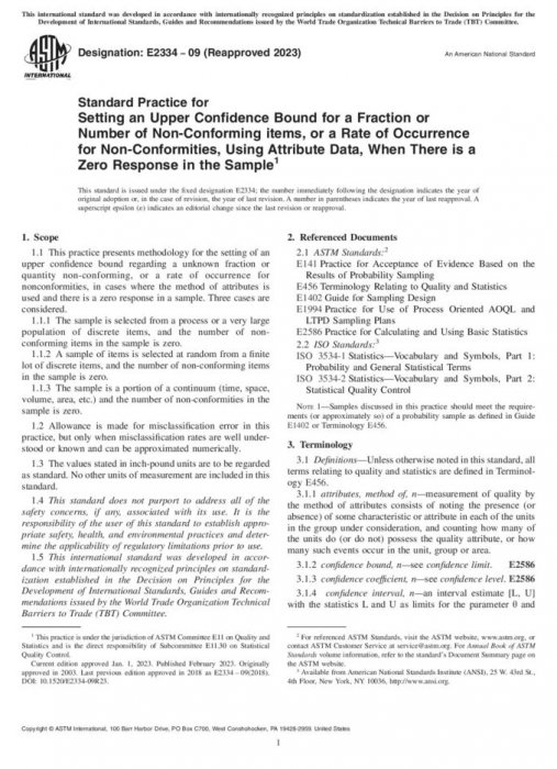 ASTM E2334-09(2023) 当样品中有零响应时 使用属性数据设置不符合项的分数或数量或不符合项发生率的置信上限的标准实施规程 标准
