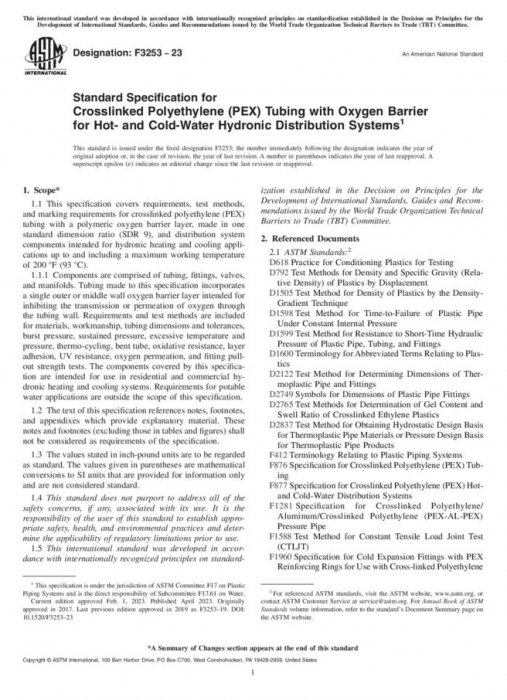 ASTM F3253-23 热水和冷水水力分配系统用带氧气屏障的交联聚乙烯（PEX）管的标准规范 标准