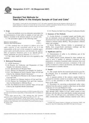 ASTM D3177-02(2007) 煤和焦炭的分析样品中总硫含量的标准试验方法 标准全文