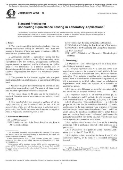 ASTM E2935-16 在实验室应用中进行等效性测试的标准实践 标准