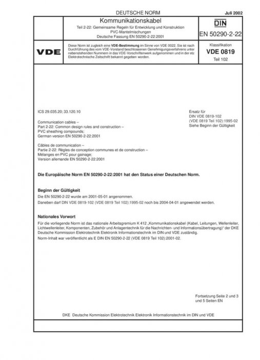 VDE 0819-102-2002*DIN EN 50290-2-22:2002 通信电缆 第2-22部分：共同设计规则和构造 PVC 绝缘 ...