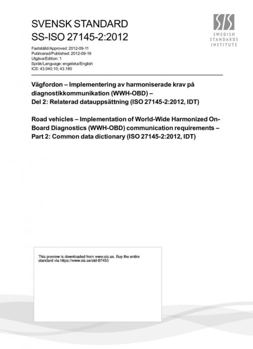 SS-ISO 27145-2:2012 道路车辆 世界协调统一车载诊断（WWH-OBD）通信要求实施 第2部分：通用数据字典（ISO ...