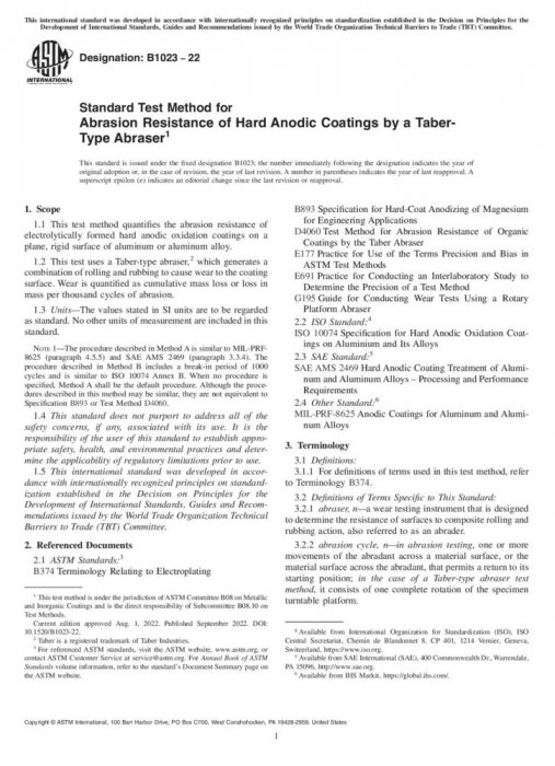 ASTM B1023-22 用泰伯型研磨机对硬质阳极涂层耐磨性的标准试验方法 标准