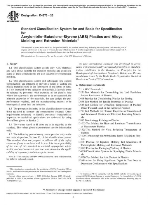 ASTM D4673-23 丙烯腈-丁二烯-苯乙烯（ABS）塑料和合金模塑和挤压材料的标准分类系统和规范基础 标准