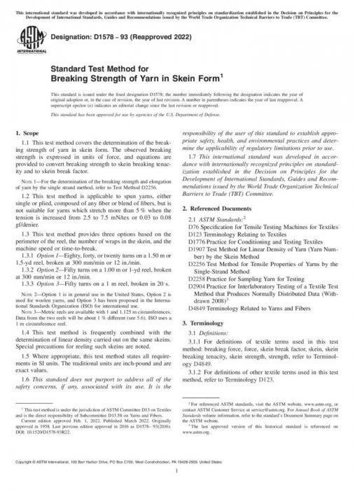 ASTM D1578-93(2022) 绞纱形式纱线断裂强度的标准试验方法 标准