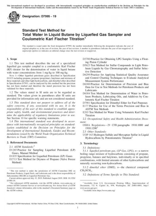 ASTM D7995-19 用液化气体采样器和库仑卡尔费休滴定法测定液体丁烷中总水的标准试验方法 标准