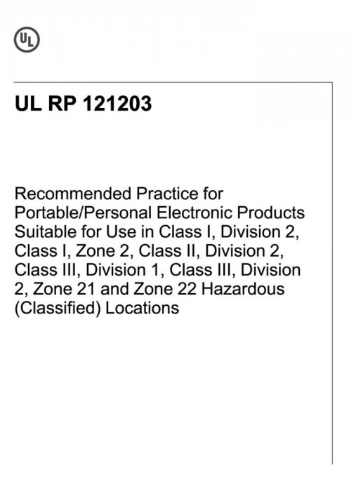 UL RP 121203-2025 适用于I级2区、II级2区、III级1区、III级2区、21区和22区危险场所的便携式/个人电子产品推荐性 ...