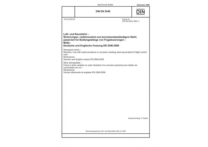 DIN EN 2546:2006-12 航空航天系列 飞行控制杆用钝化耐腐蚀钢径向锯齿垫圈和锁 尺寸 标准