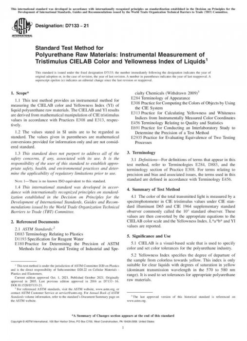 ASTM D7133-21 聚氨酯原材料的标准试验方法:液体三刺激CIELAB颜色和黄色指数的仪器测量 标准