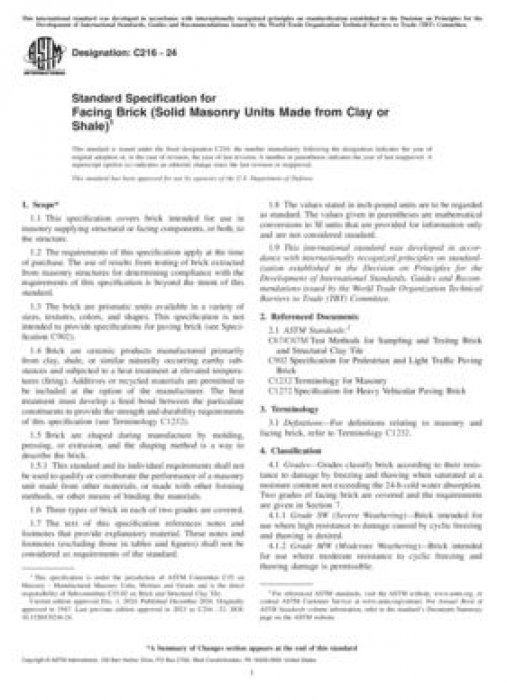 ASTM C216-24 砖石标准规格（由泥土或页岩制成的实心砖石单位） 标准